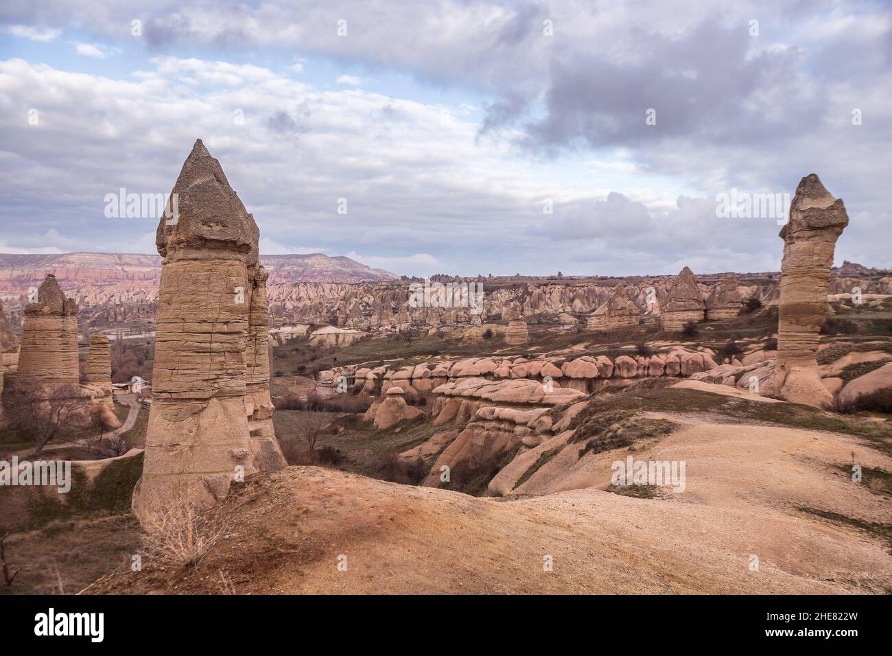 Scenic landscape of Turkish Cappadocia. Weathering stone pillars in a ...