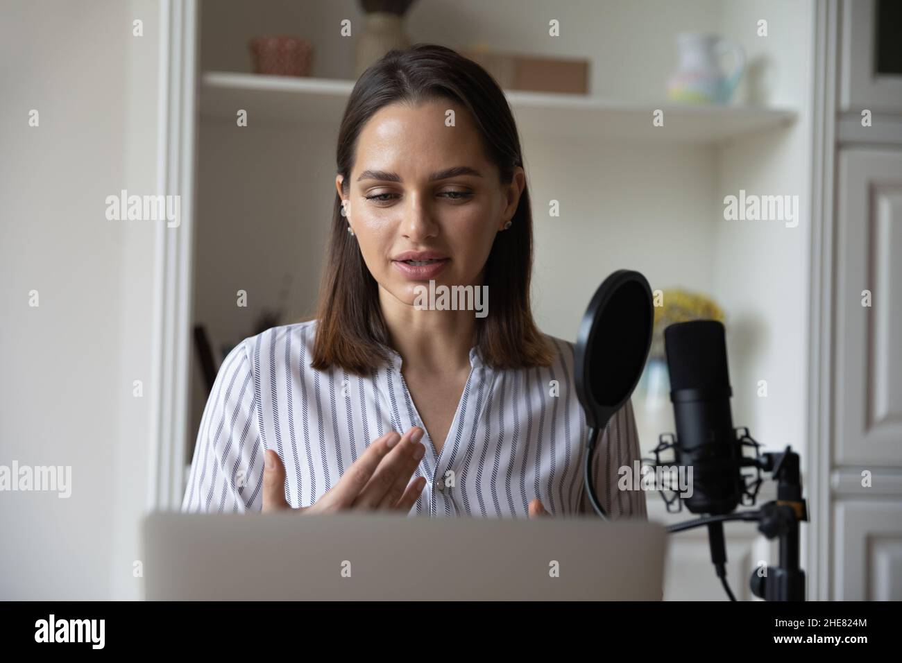 Music newscaster, host, radio journalist streaming live video Stock ...