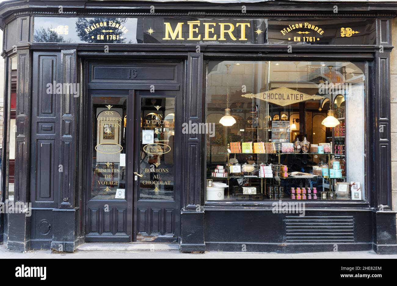 The famous chocolate shop Meert located in the Marais district of Paris ...