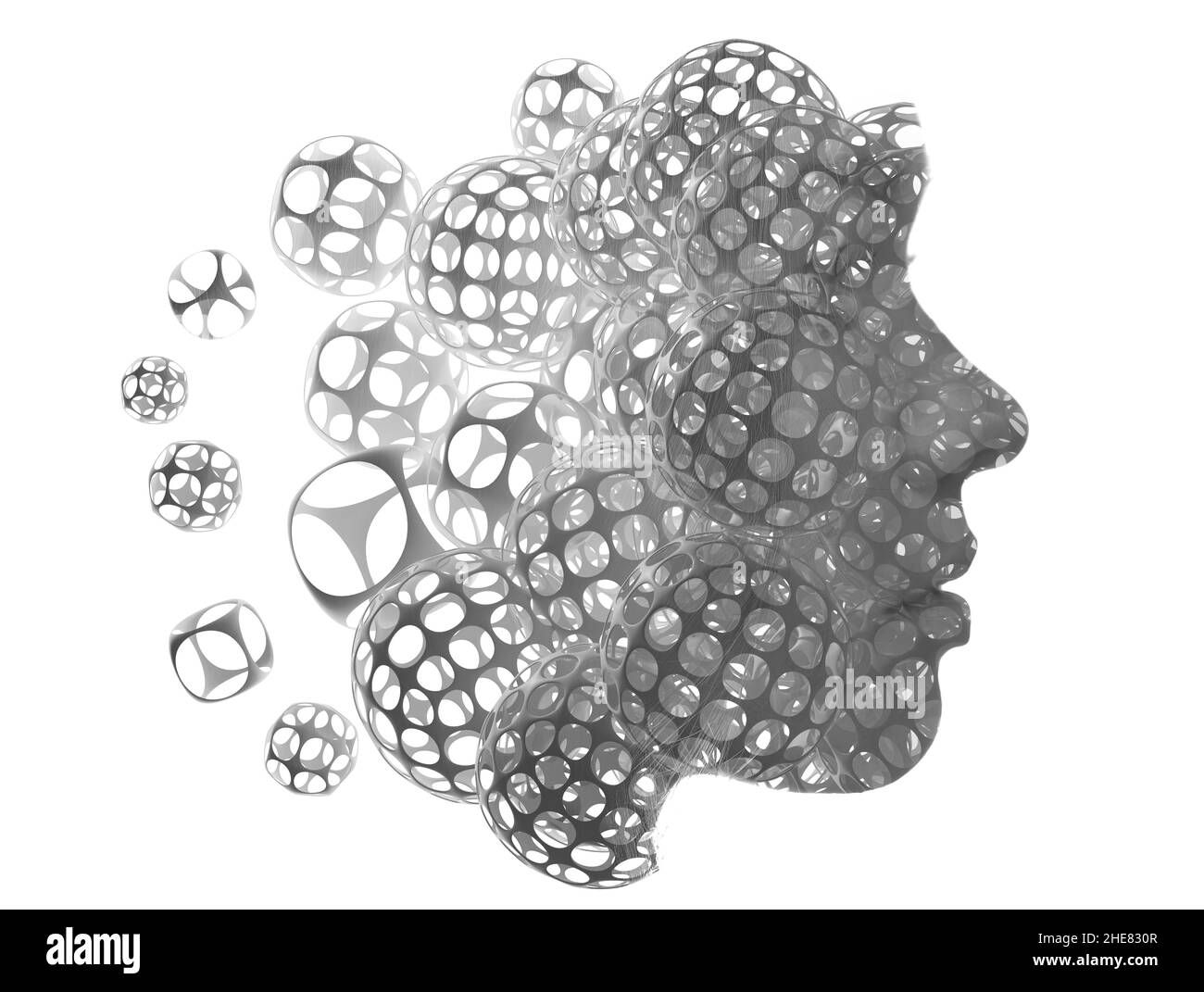 A portrait of a woman combined with 3D figures in a double exposure ...