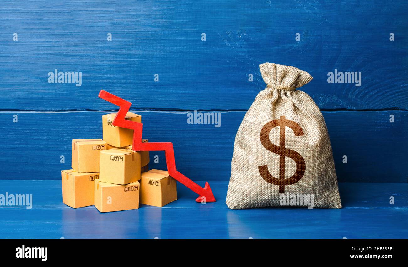 Dollar money bag with boxes and down arrow. Income decrease, slowdown ...