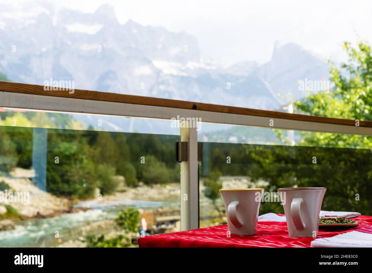 balcony with mountain view, Theth Valley, in Albania Stock Photo - Alamy
