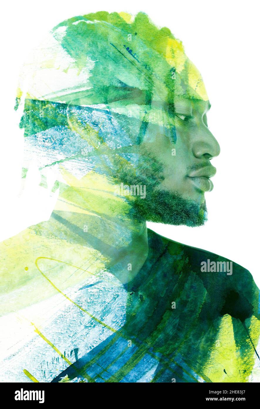 A profile portrait of a man combined with colorful paint strokes ...
