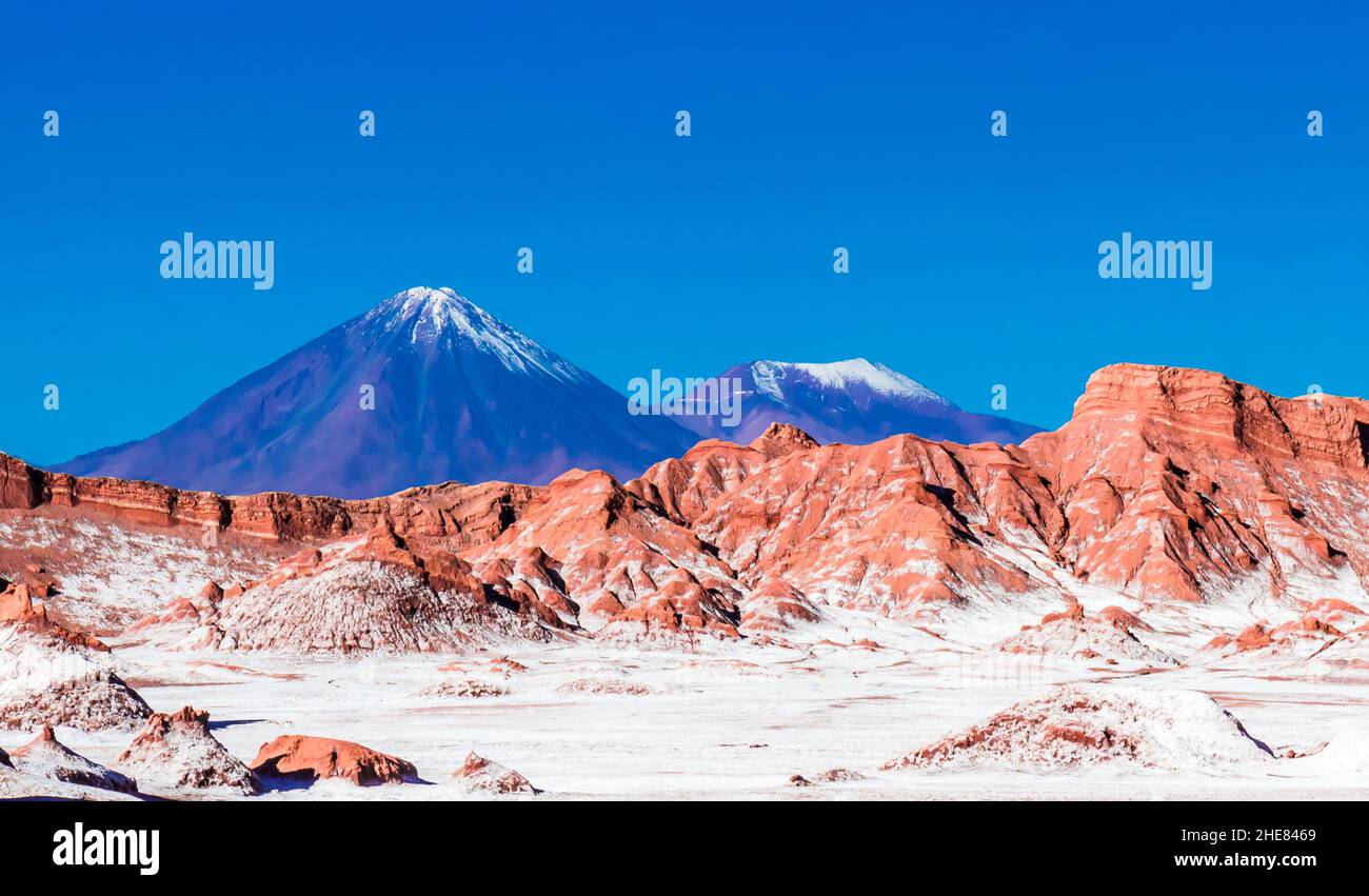 Volcanoes Licancabur and Juriques, Moon Valley, Atacama desert, Chile ...