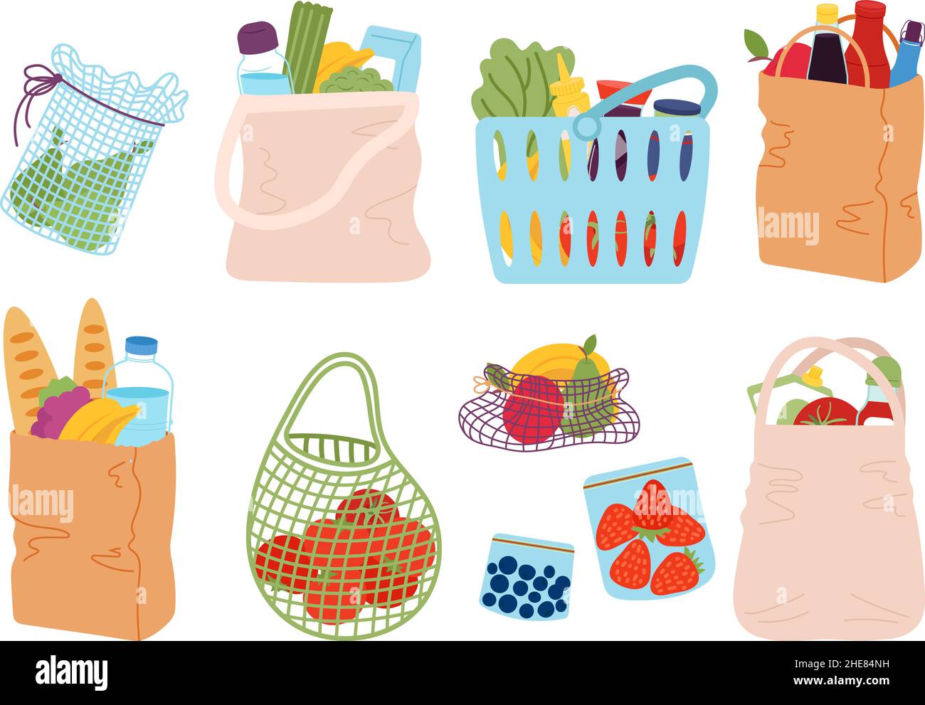 Grocery shop bag. Supermarket buying, foods in packaging. Cartoon ...
