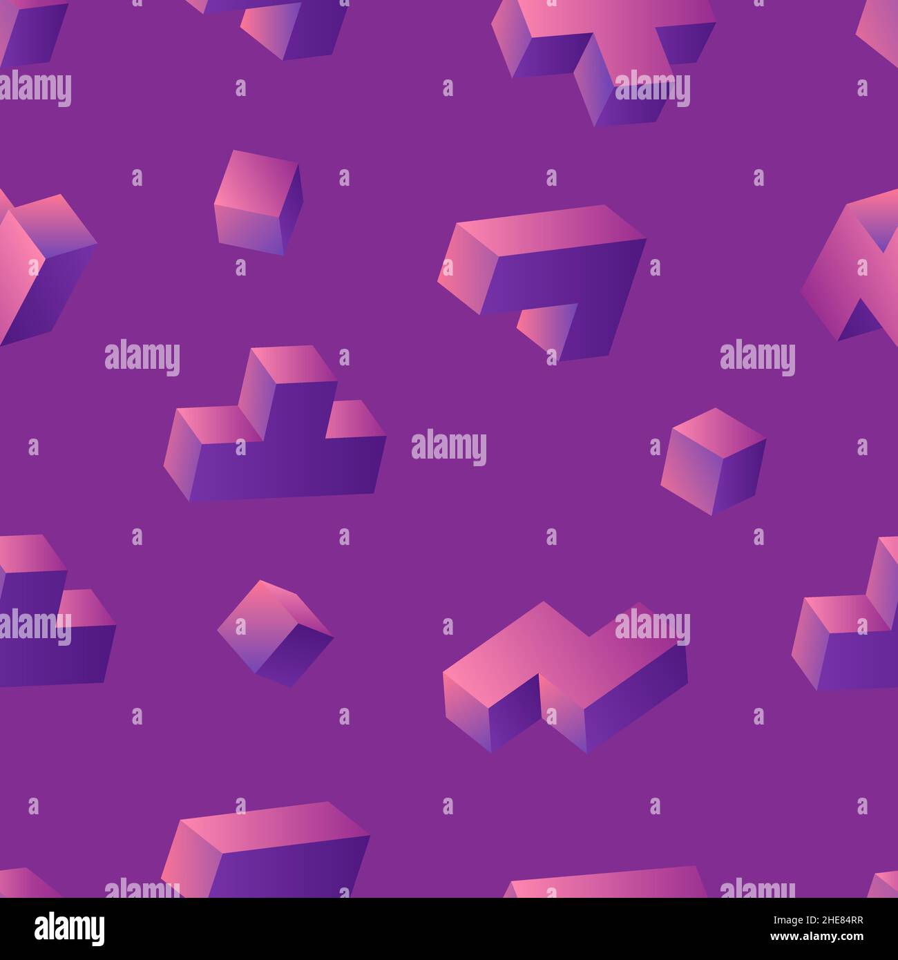 Neon glowing 3d tetris blocks seamless pattern on purple background ...