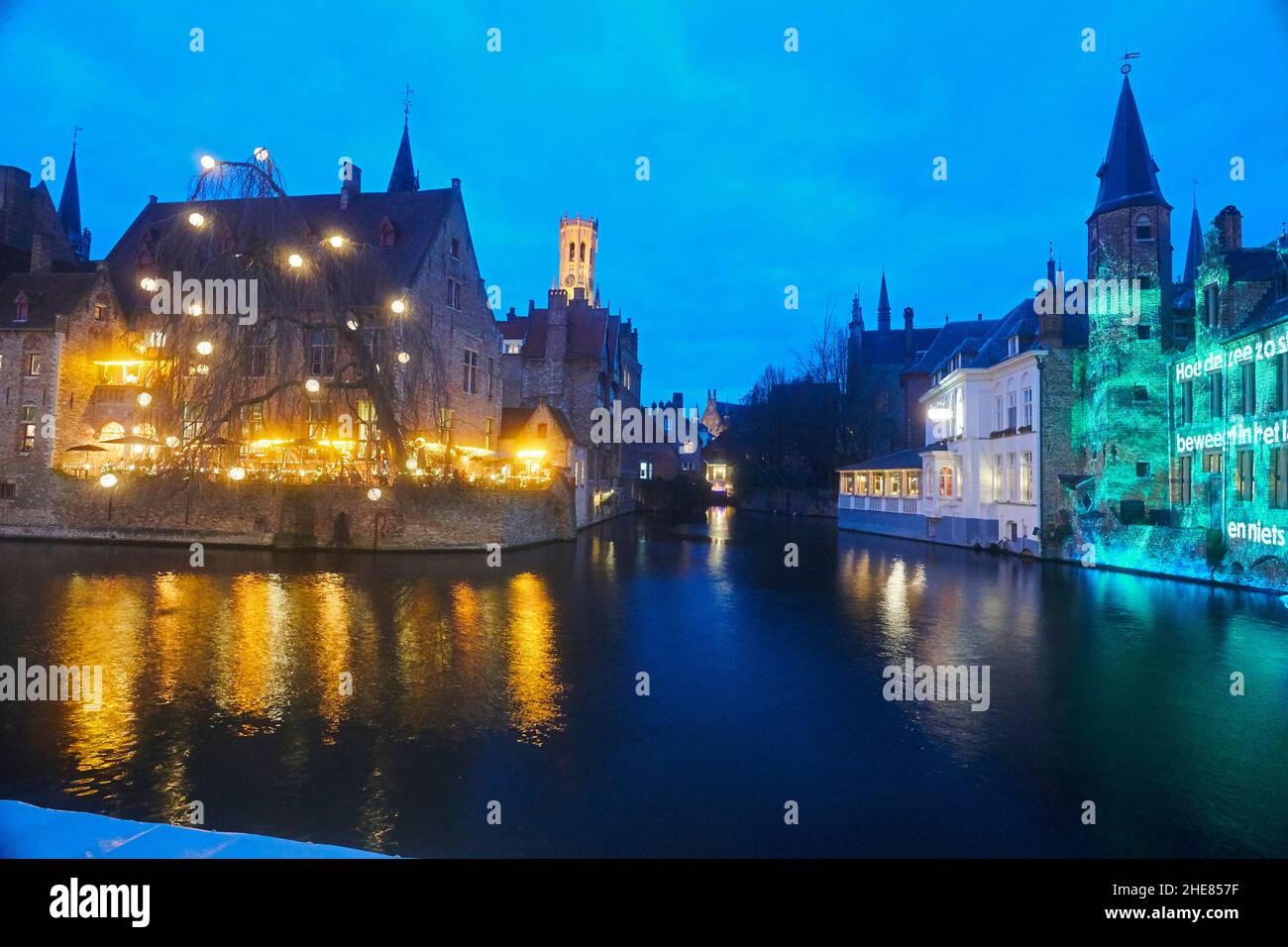Canals and buildings in the medieval city centre of Bruges city at ...