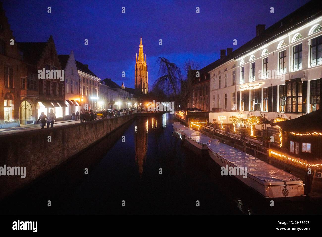 Canals and buildings in the medieval city centre of Bruges city at ...