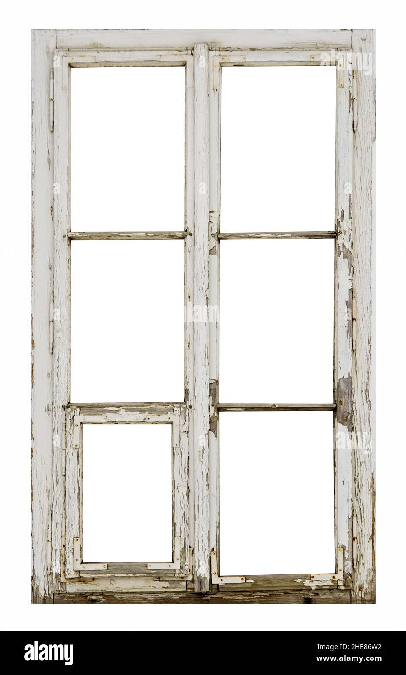 Vertical shot of an rectangle old wooden white window frame isolated on ...