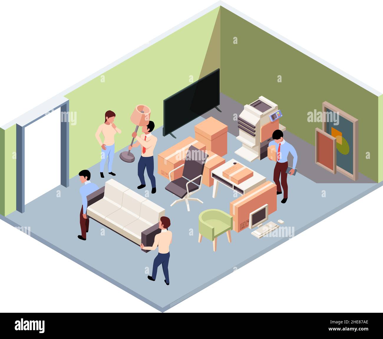 Office relocation. Managers moves and unpacking cardboards and packages ...