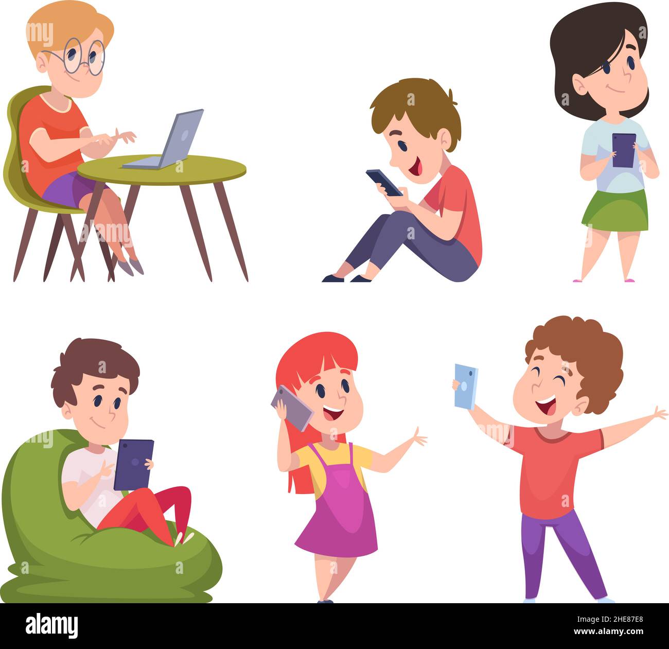 Gadgets kids. Adorable happy children using laptop smartphones tablets ...