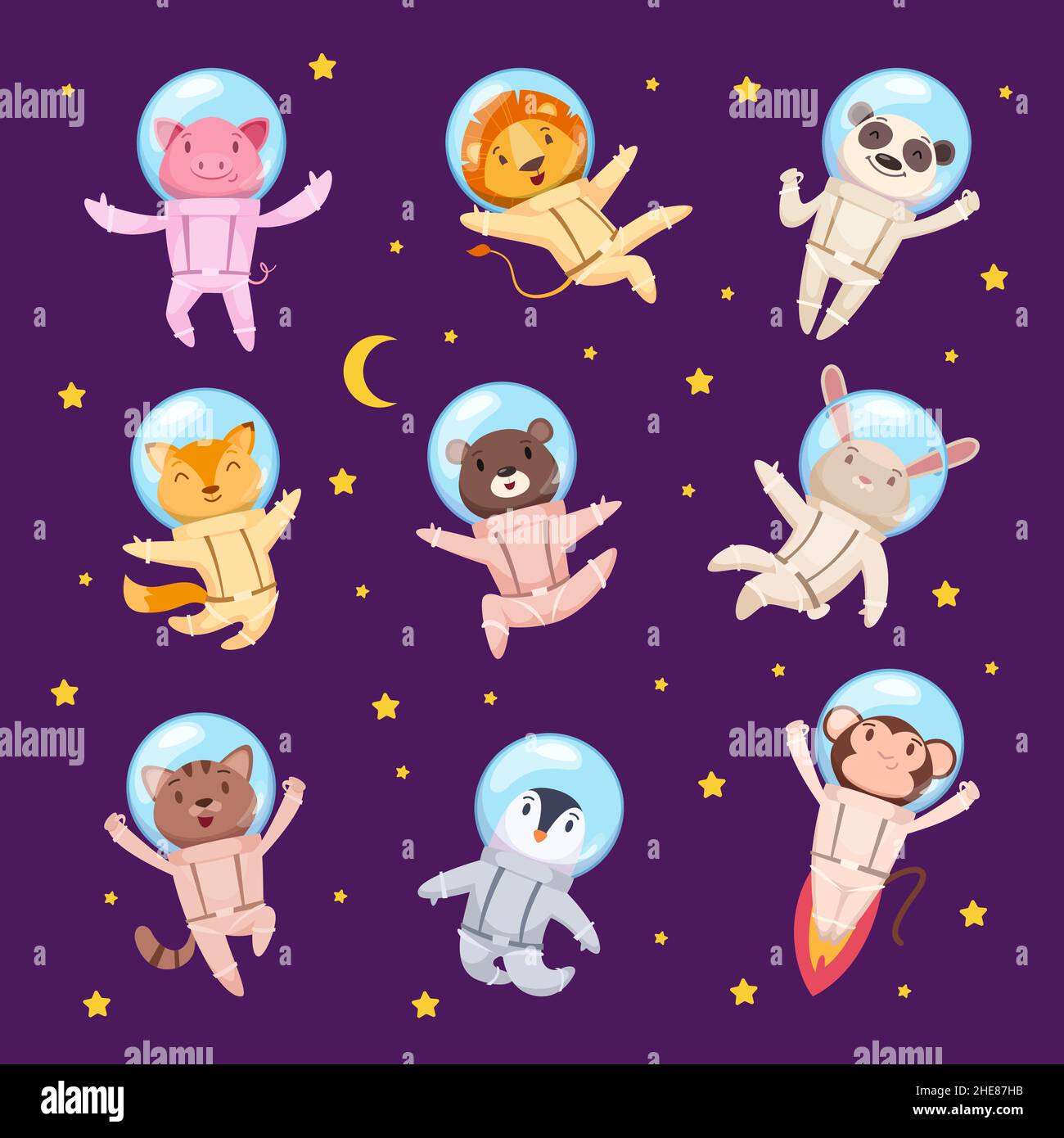 Space travellers animals. Universe with cute animals astronauts in ...