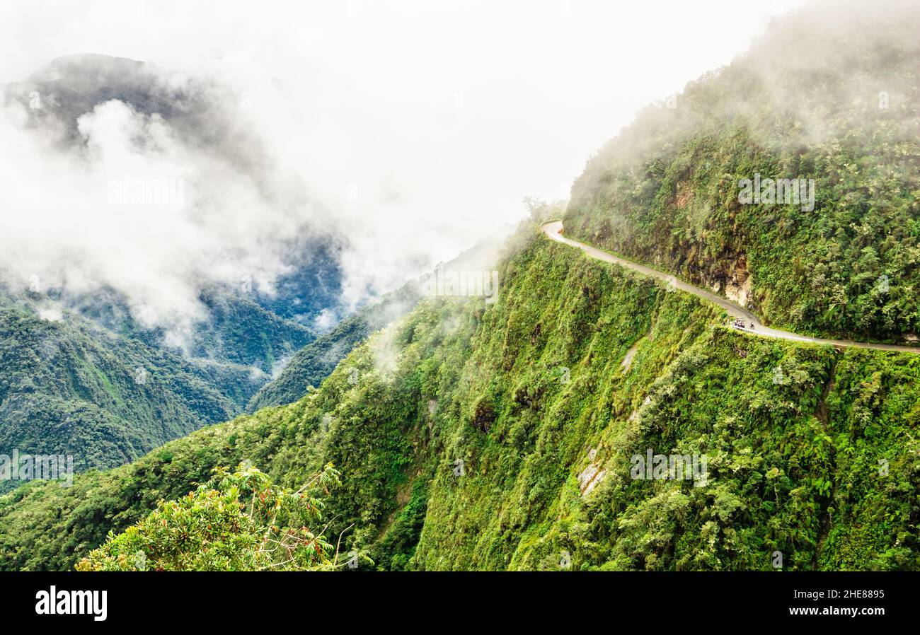 View on foggy death road in the Yungas in Bolivia Stock Photo - Alamy