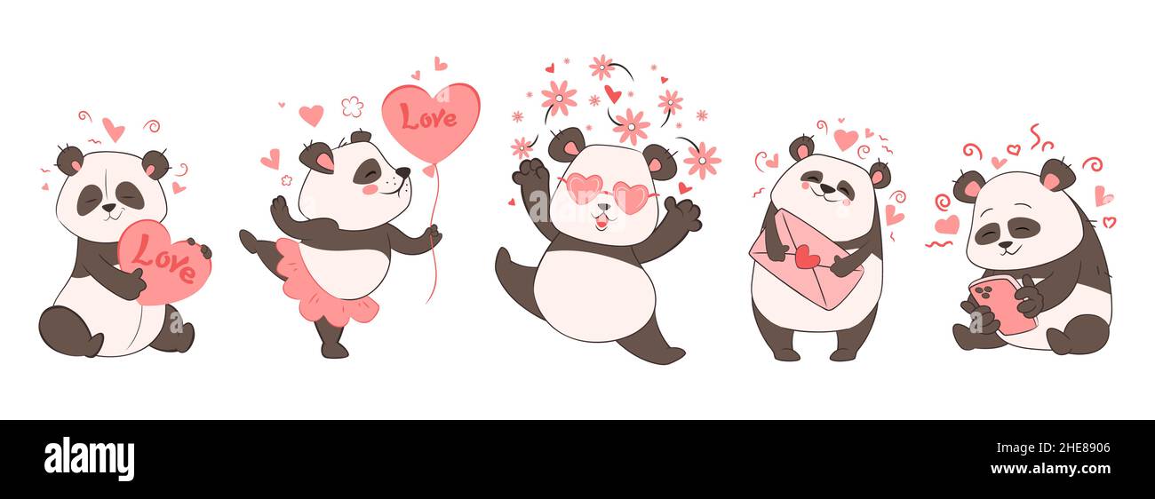 Valentine's day, cute panda with hearts and flowers, set of animal ...