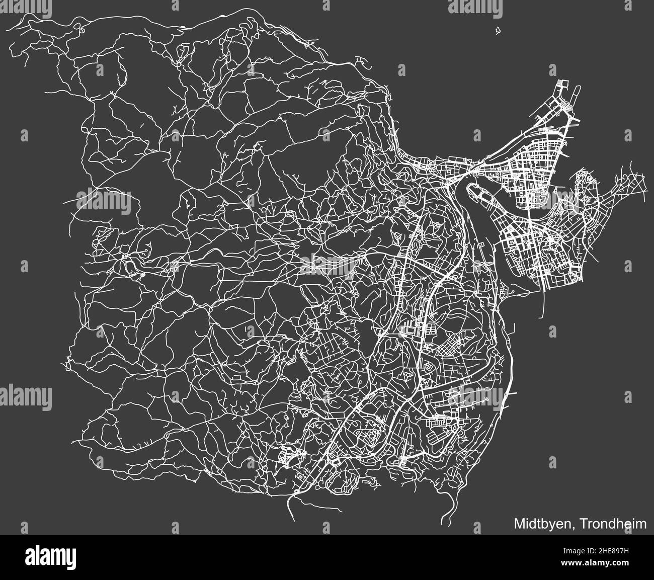 Detailed negative navigation white lines urban street roads map of the ...