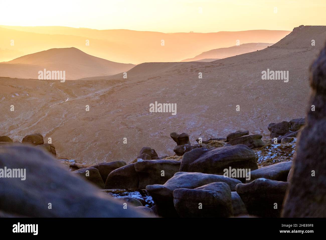 late afternoon winter sunset on Kinder Scout, Peak District National ...