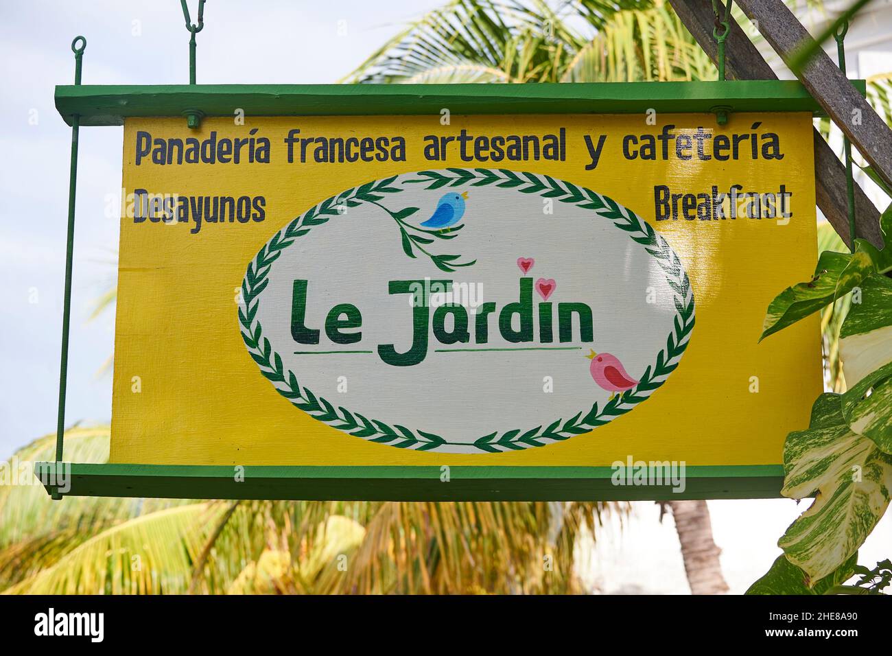 Sign for local restaurant Le Jardin in Isla Holbox, Mexico Stock Photo ...