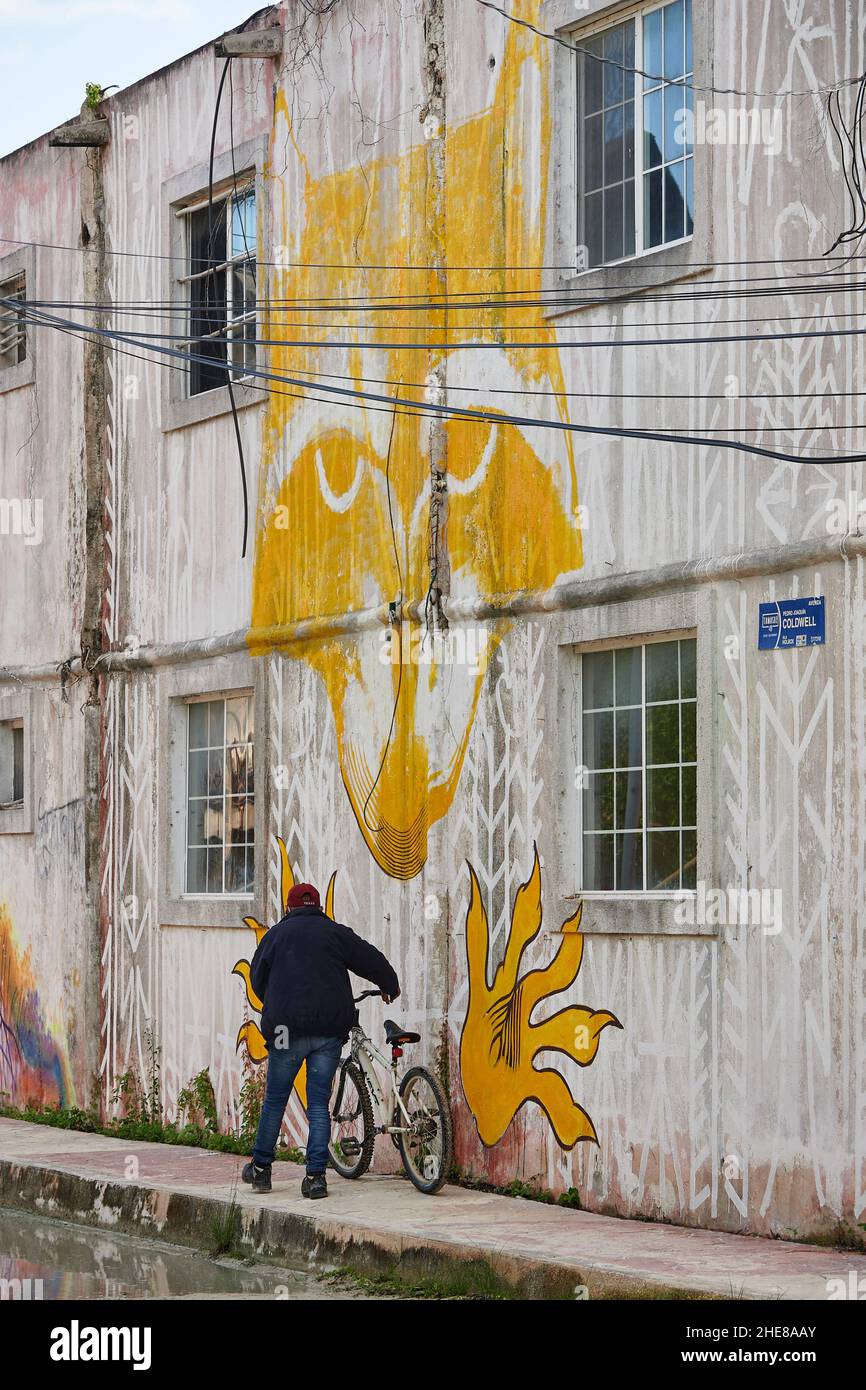 Man walking a bike next to a building with colorful murals in Isla ...