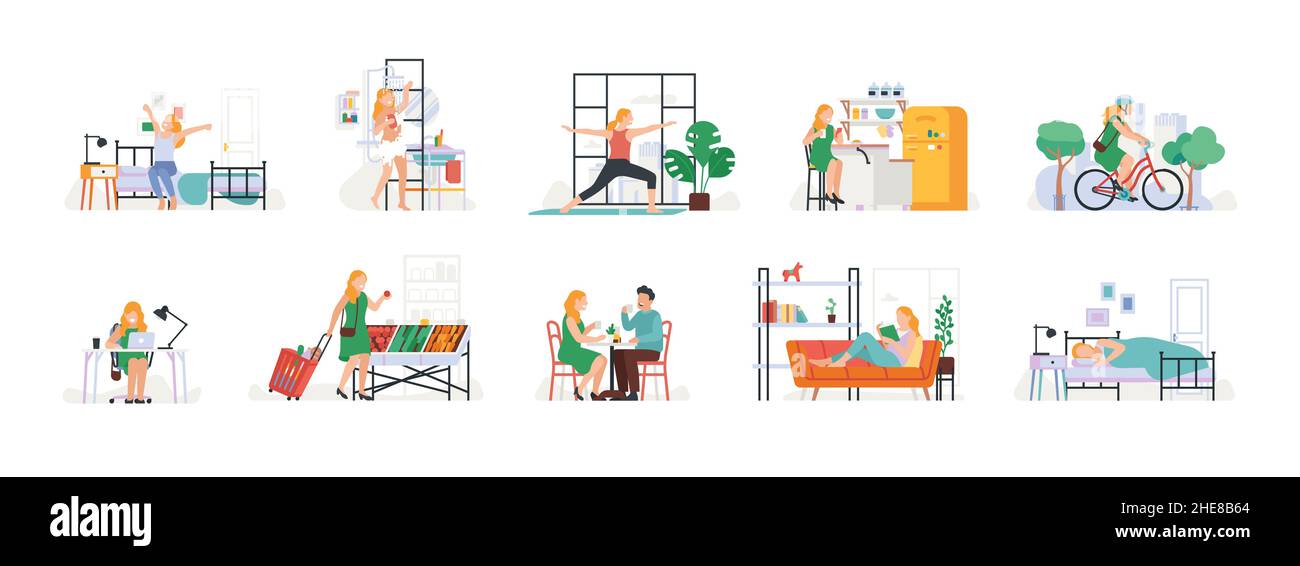 Everyday woman routine. Girls day mode. Free and working time. Rest and ...