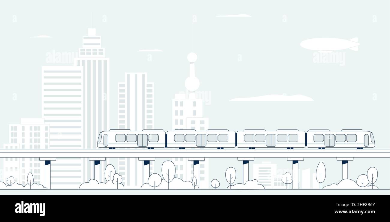 City subway. Train on bridge, metro landscape scene. Urban railway road ...