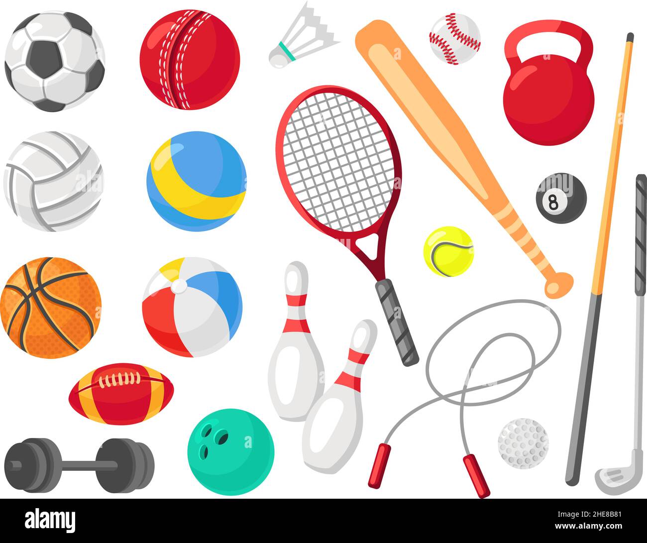 Cartoon sport equipment. Different balls, flat playing tools. Isolated ...