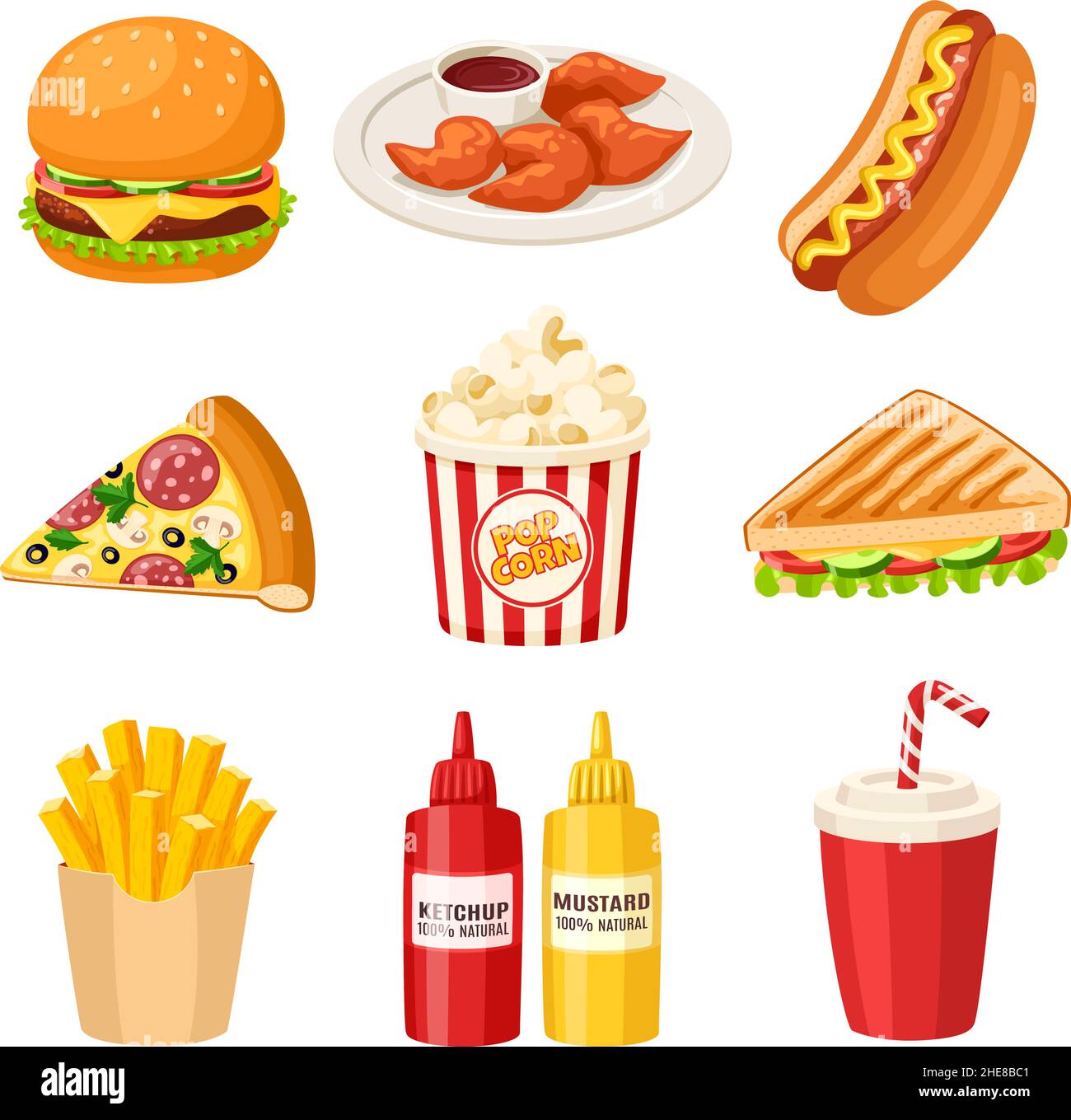 Cartoon fast food elements. Junk snack, foods in cafe icons. Hot dog ...