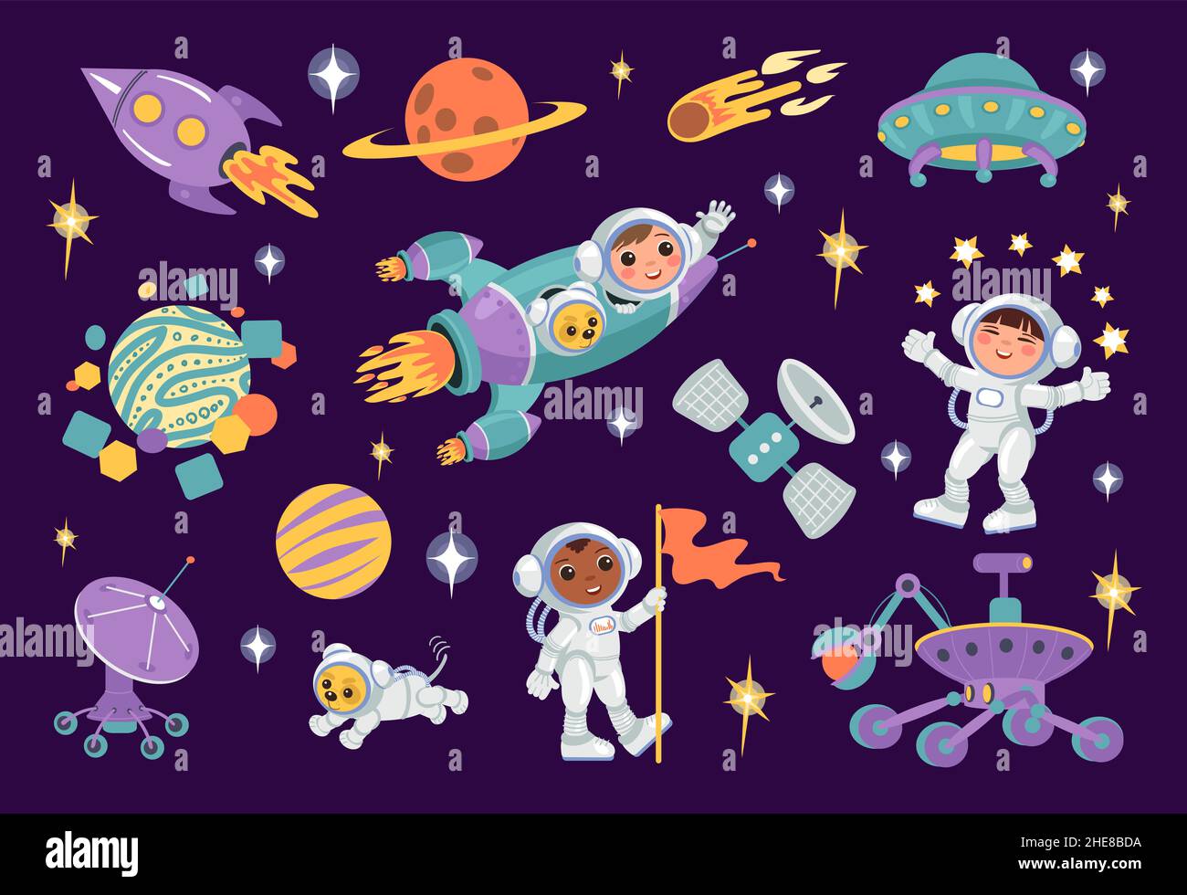 Kids astronauts with space elements. Cartoon little cosmonauts ...