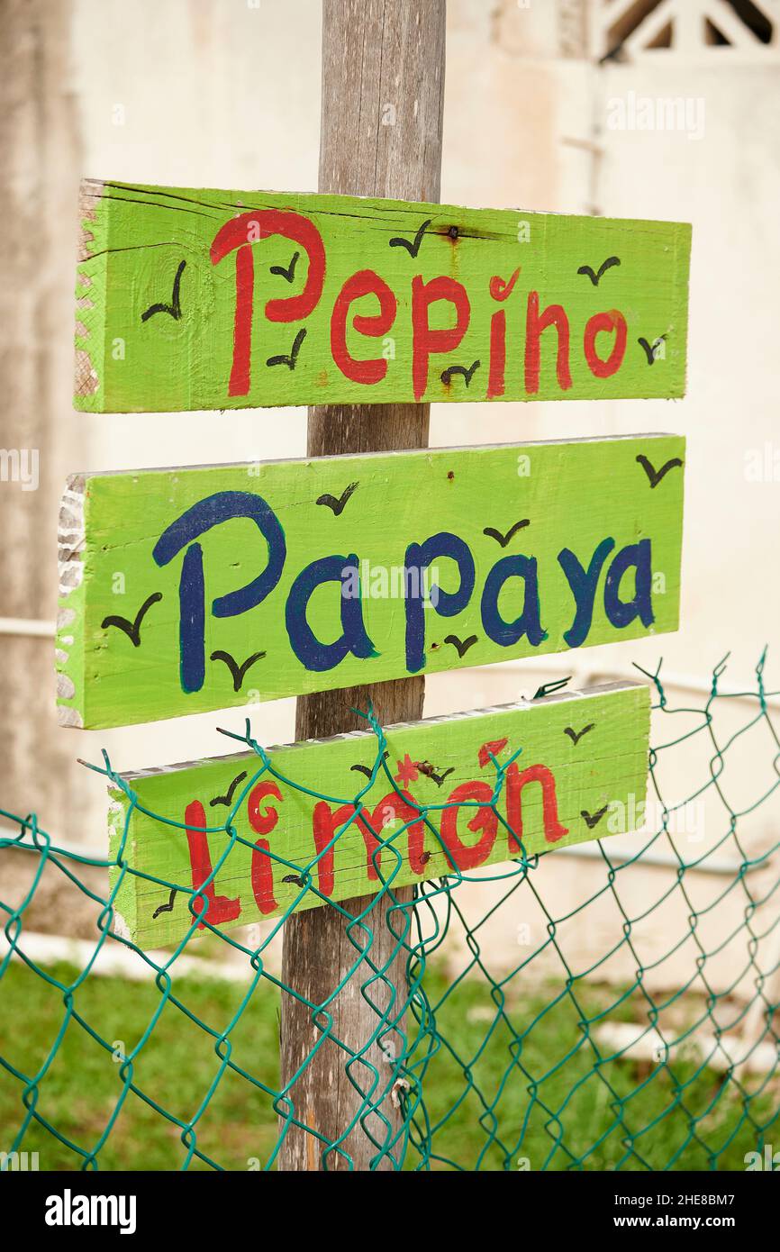 Colorful painted sign advertising Pepino, Papaya and Limon in Isla ...