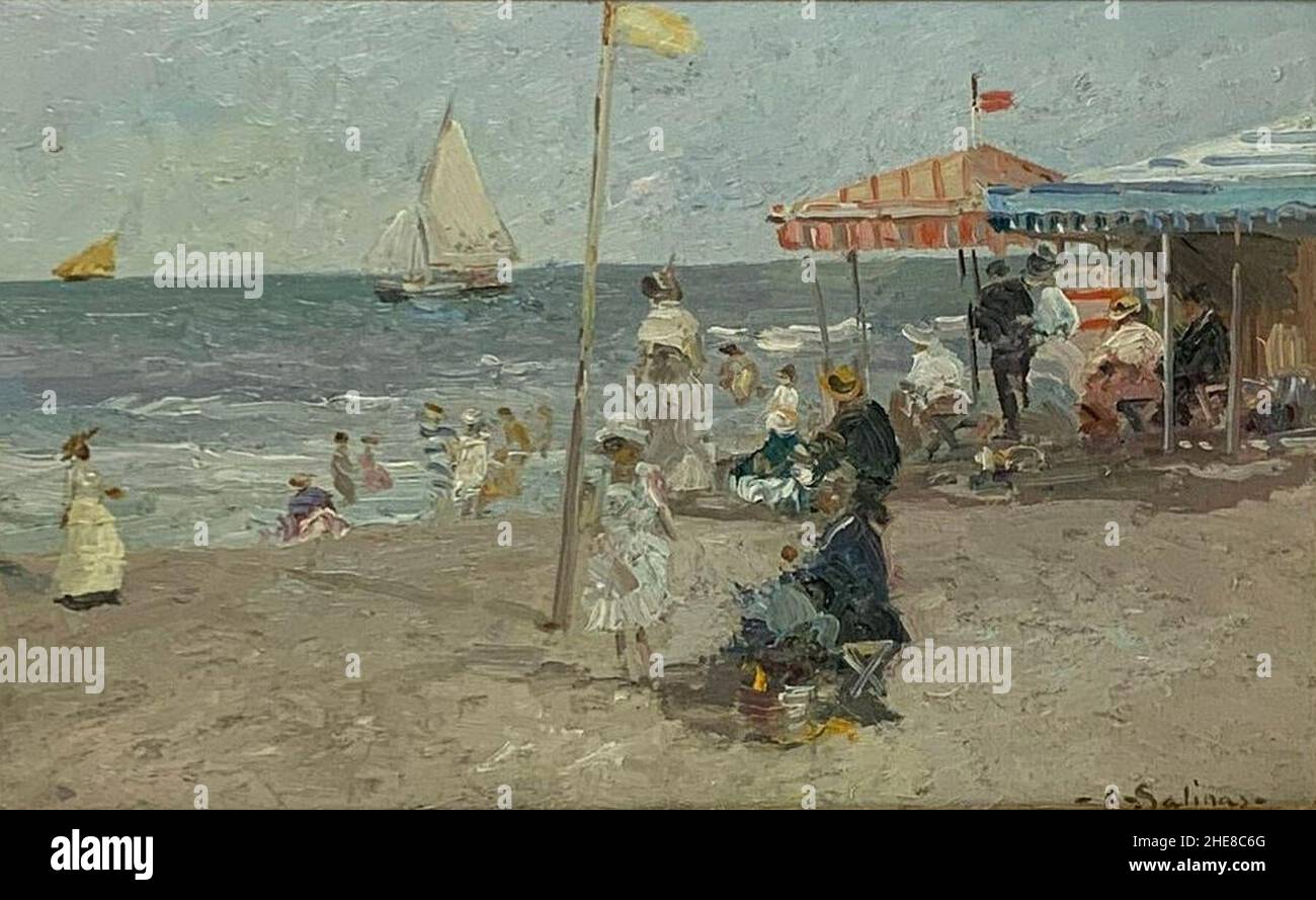 Beach scene in Spain by Agustín Salinas y Teruel Stock Photo - Alamy