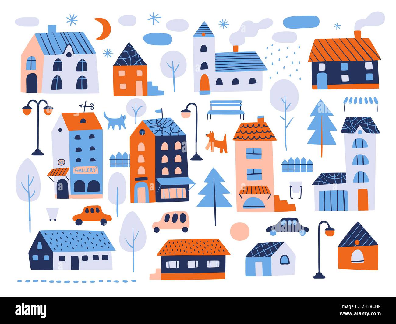 Houses city elements. Tiny cozy homes, park and street objects. Small ...