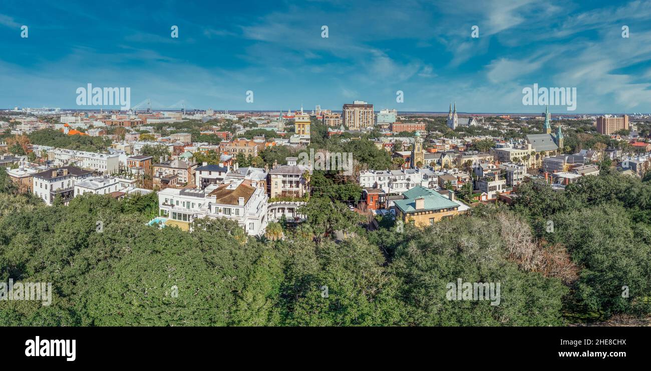 Aerial view of Savannah historic district in Georgia during daylight ...