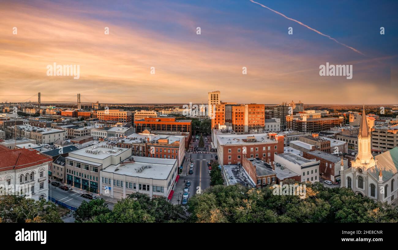 Aerial view of Savannah historic district in Georgia before sunset with ...