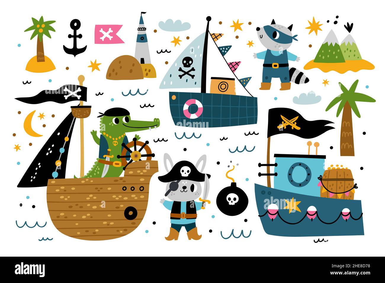 Cute pirate boat. Sailors characters. Animals mariners. Sailing ships ...