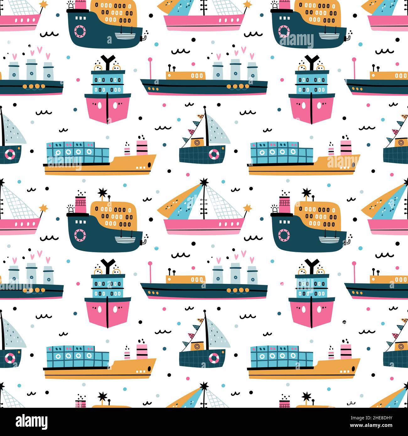 Cute baby boats seamless pattern. Childish cartoon ships. Boys nursery ...