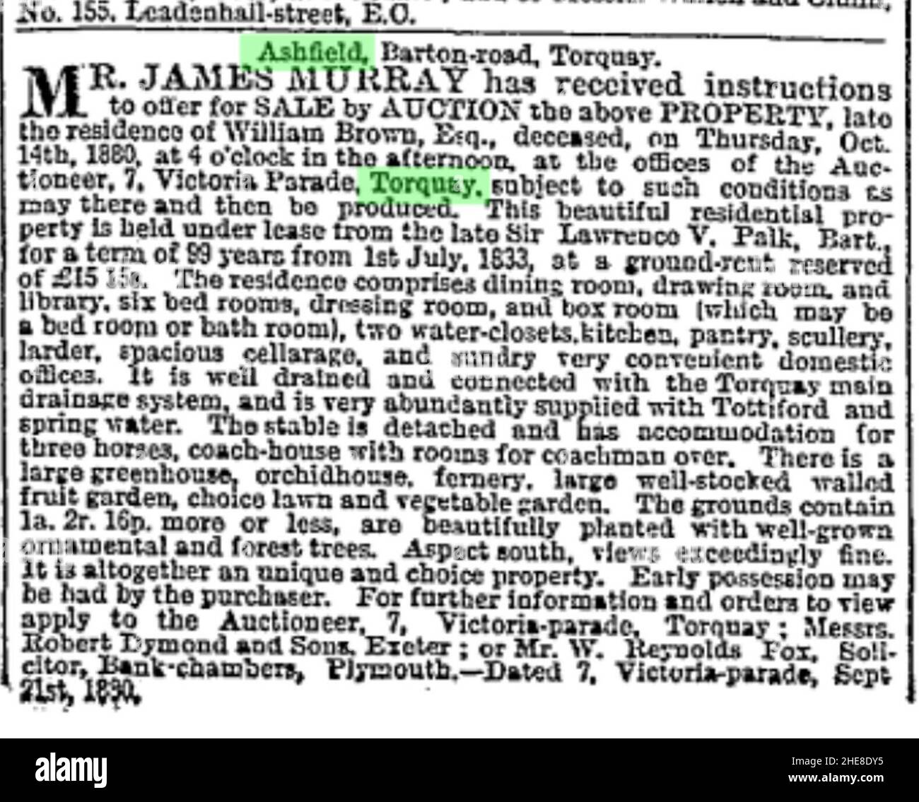 Sale ad for Ashfield Torquay 1880 Stock Photo - Alamy