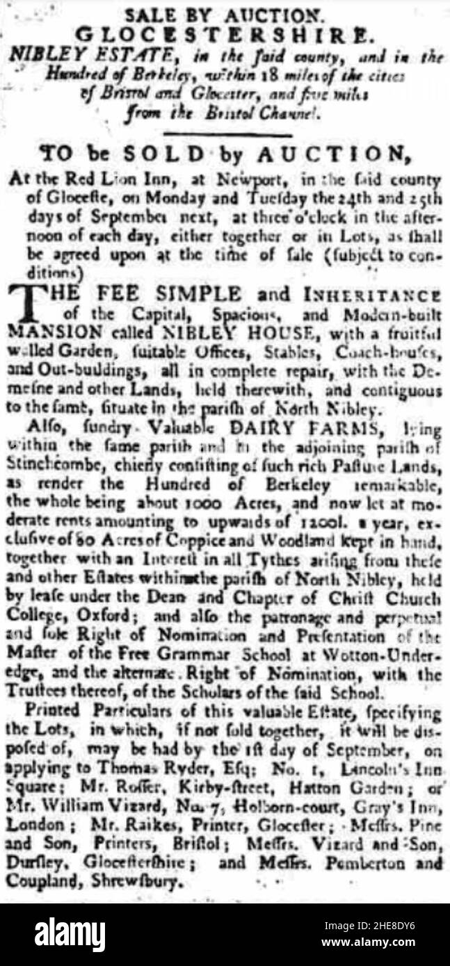 Sale ad for Nibley House 1798 Stock Photo - Alamy