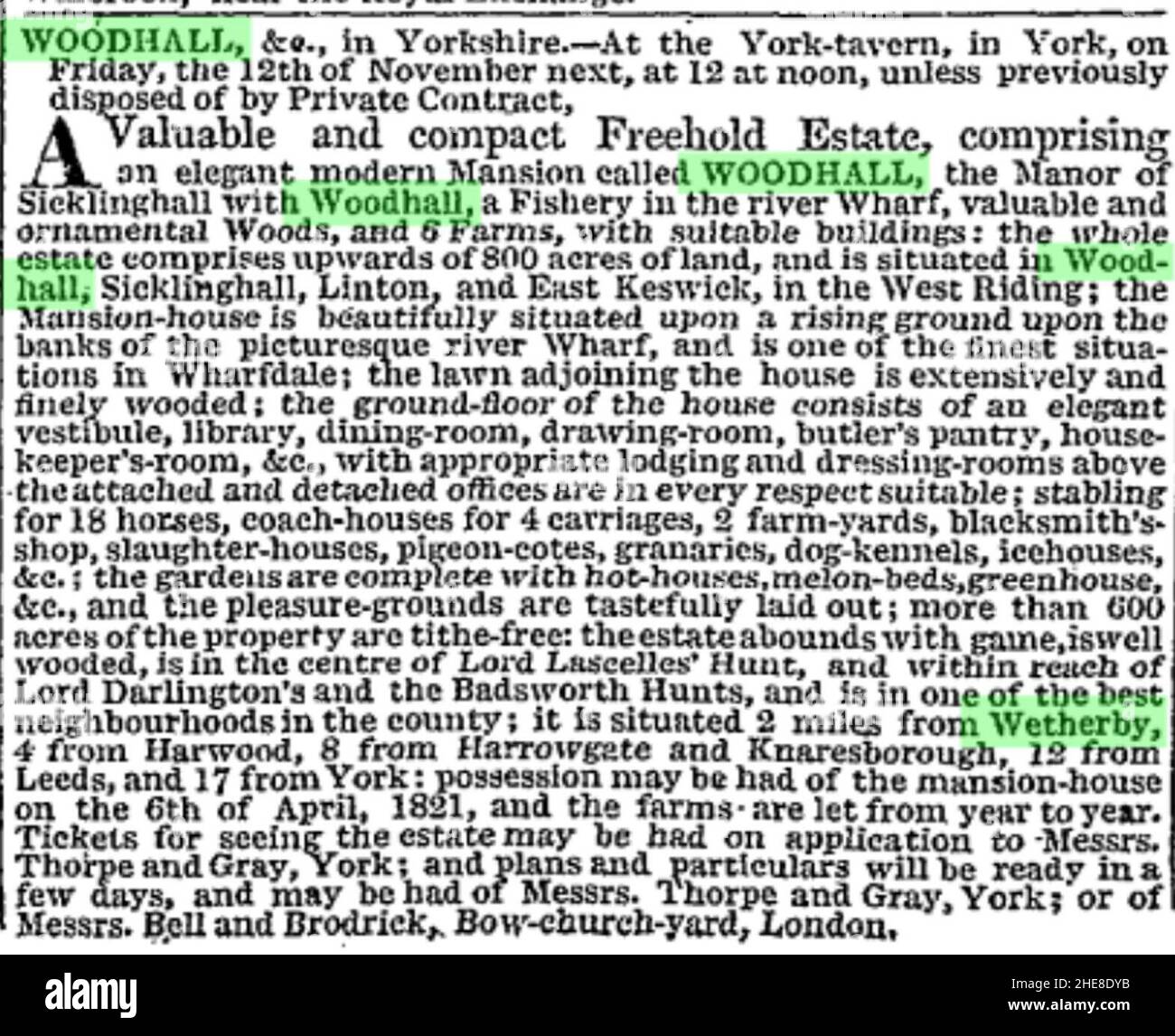 Sale ad for Wood Hall Wetherby 1819 Stock Photo - Alamy
