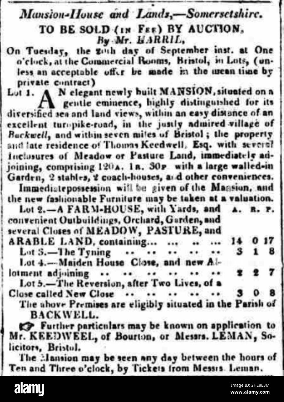 Sale notice Backwell House 1814 Stock Photo - Alamy