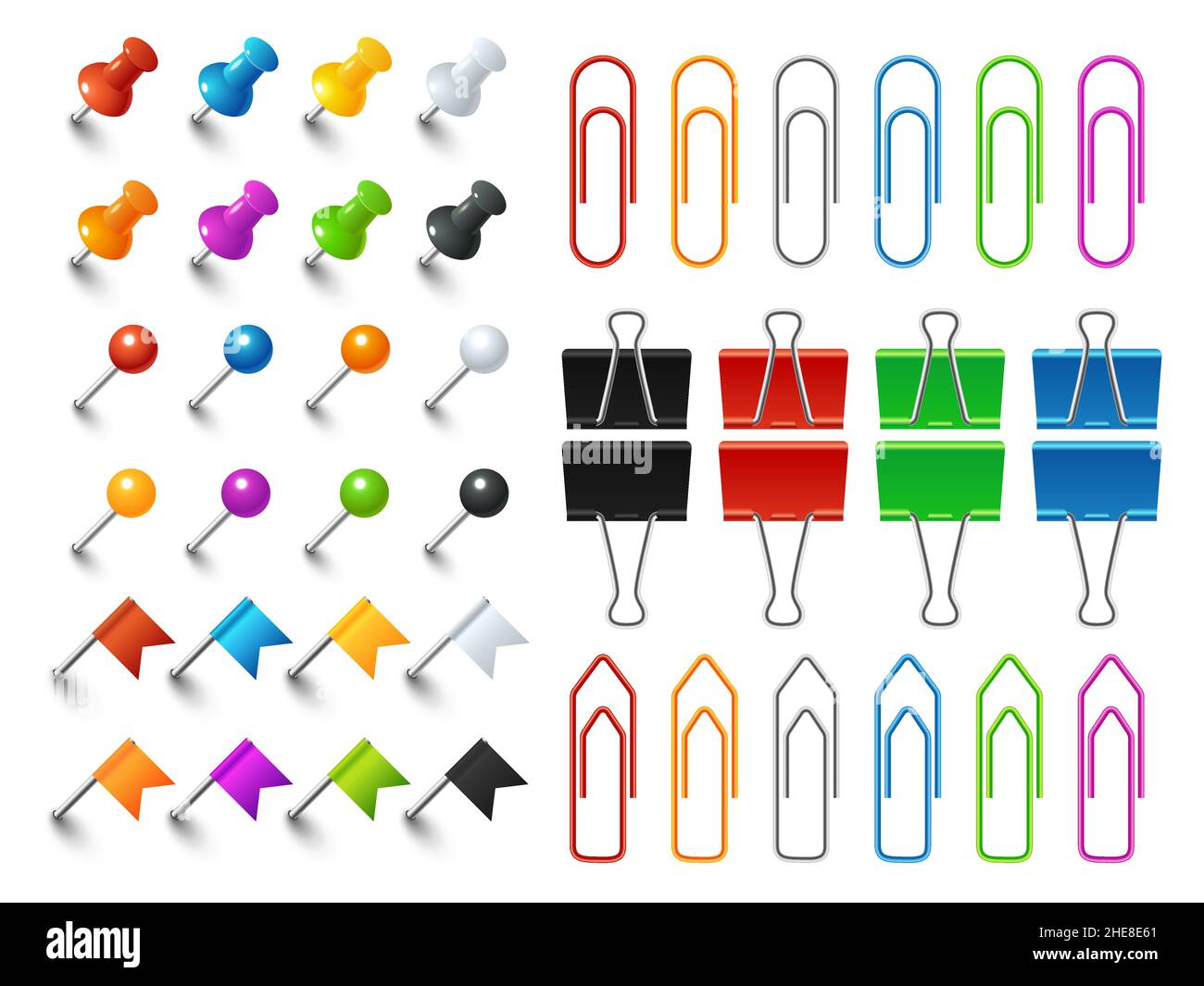 Metal pins and paper clips. Realistic office paperclips. Color ...