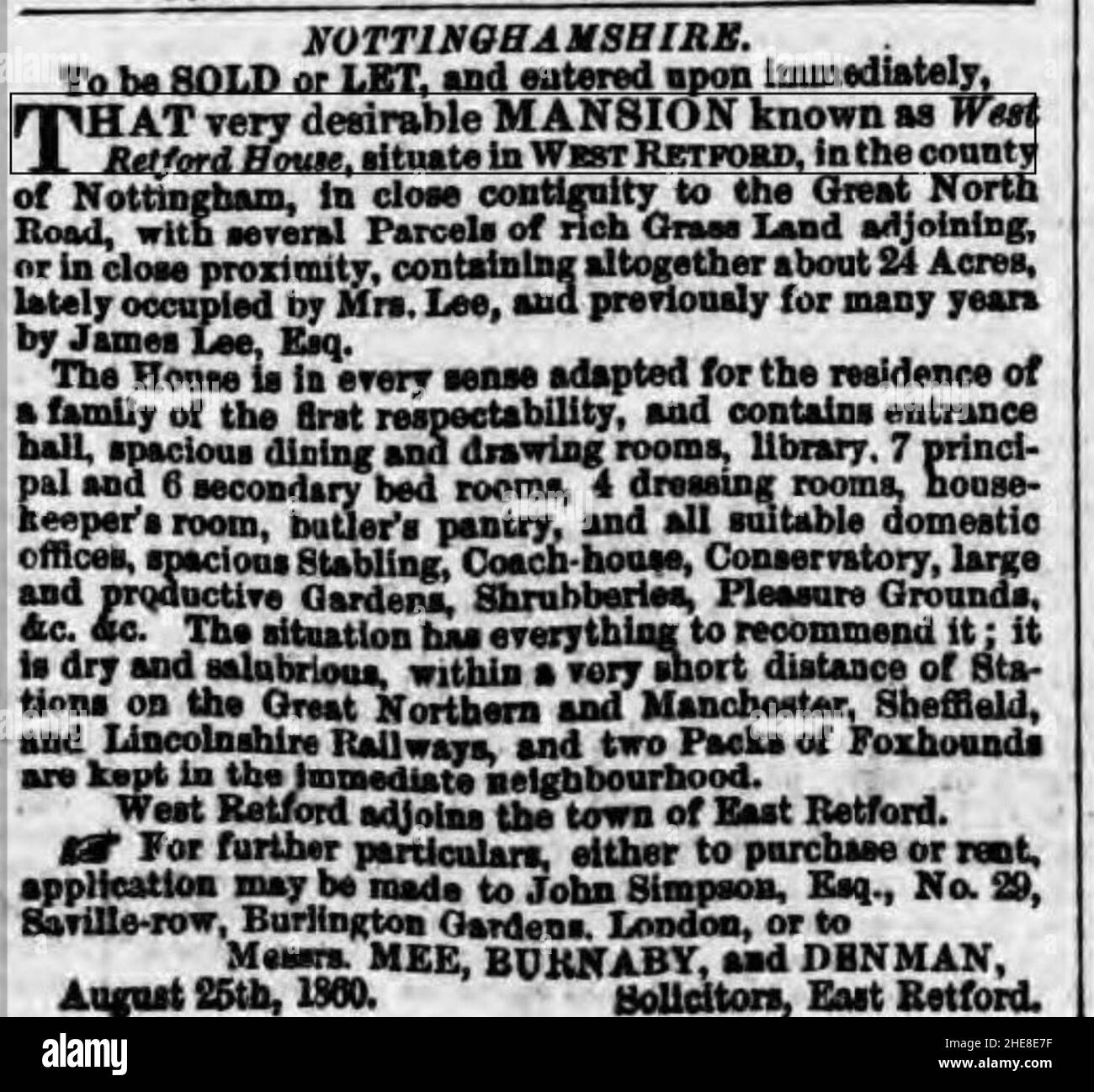 Sale notice West Retford House 1860 Stock Photo - Alamy