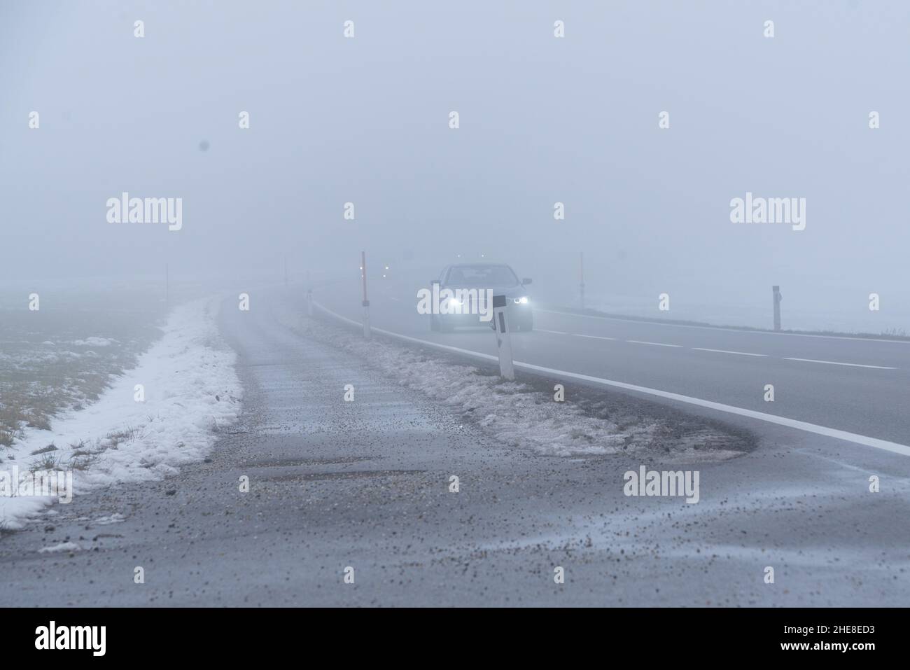 Dangerous Driving Conditions Due To Heavy Fog On The Road Stock Photo ...