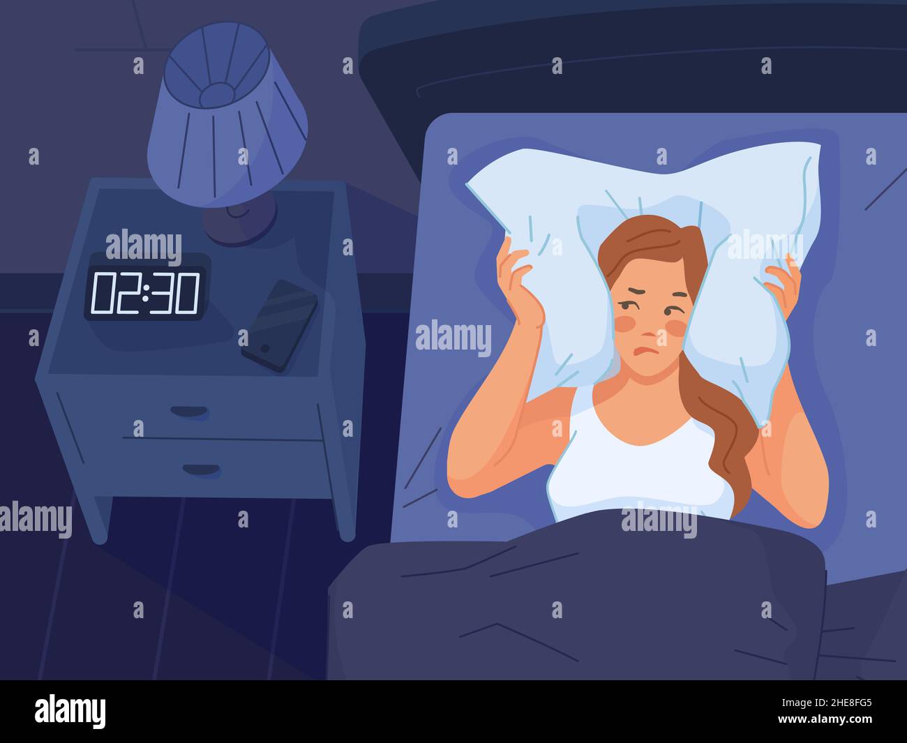 Insomnia of awaking woman. Awake night at worried sleepless girl ...