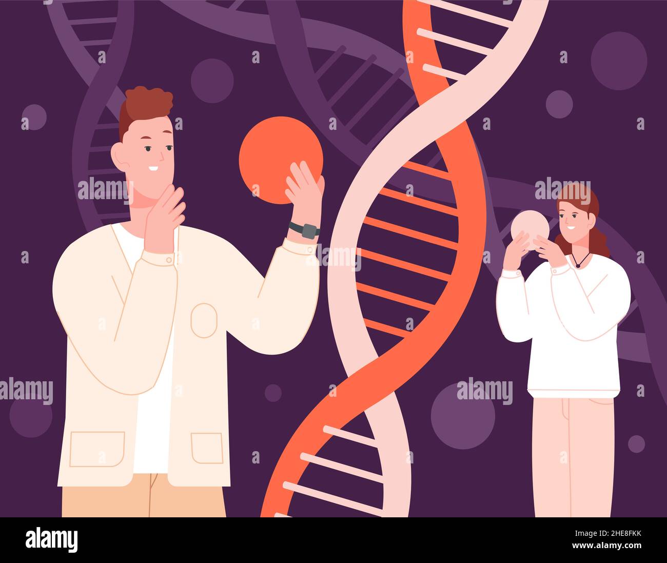 Ancestry genetics. Cartoon people holding molecule dna, genetic science ...