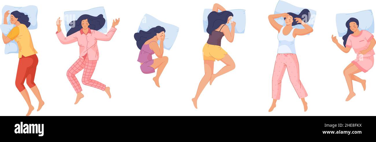Woman sleep. Female sleeping positions, vector illustration. Set of position female sleep, woman ...