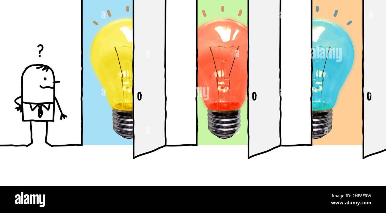 hand drawn Cartoon businessman hesitating front of three different ...