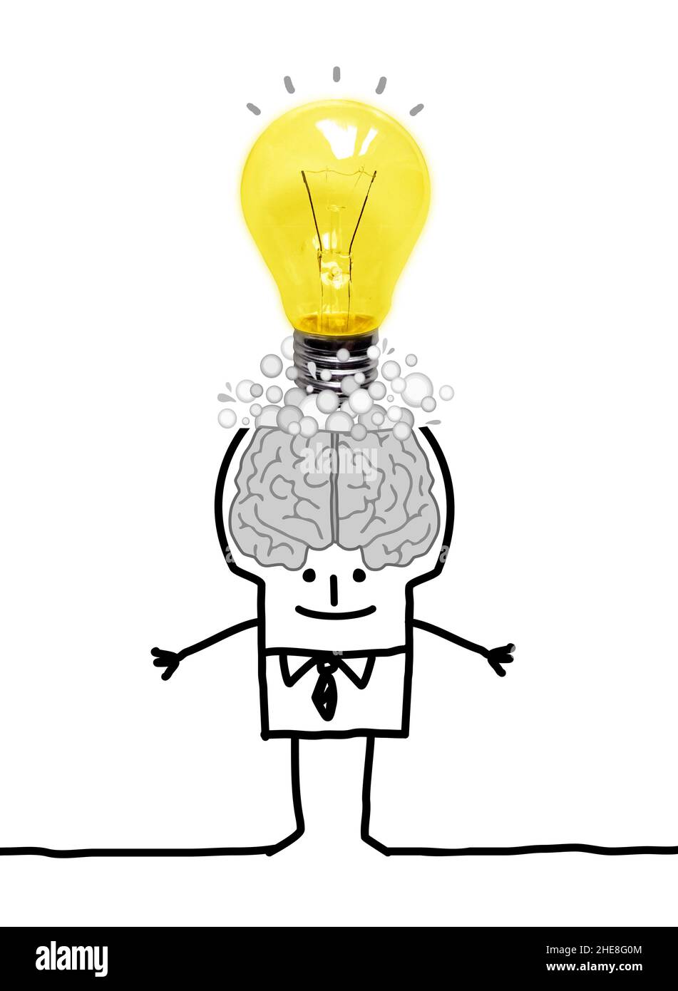 Hand drawn cartoon big Brain Man with Light bulb over his head Stock ...