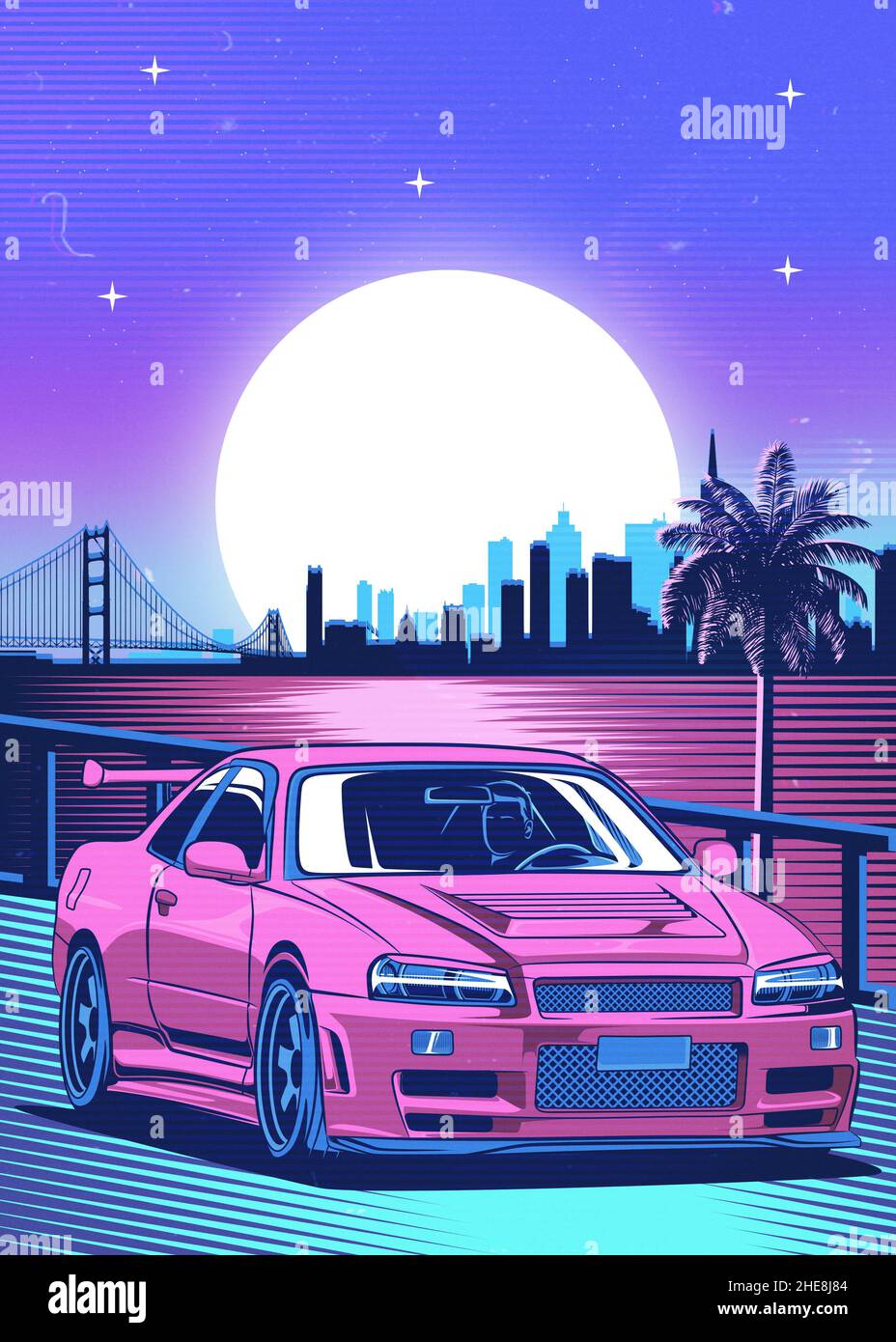 A retro red Car Synthwave Poster with vaporwave sunset, neon gradient ...