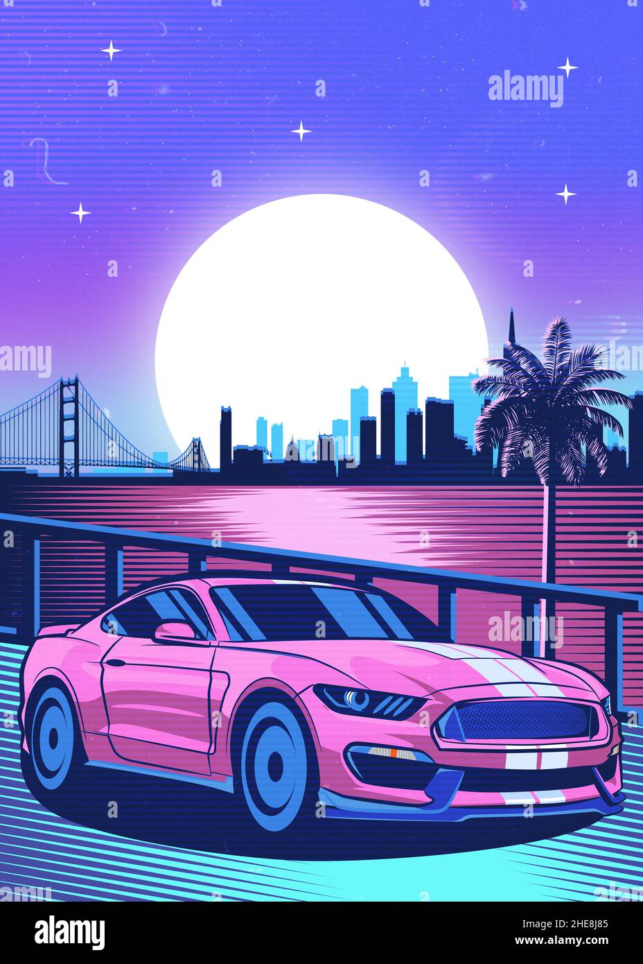 A retro red Car Synthwave Poster with vaporwave sunset, neon gradient ...