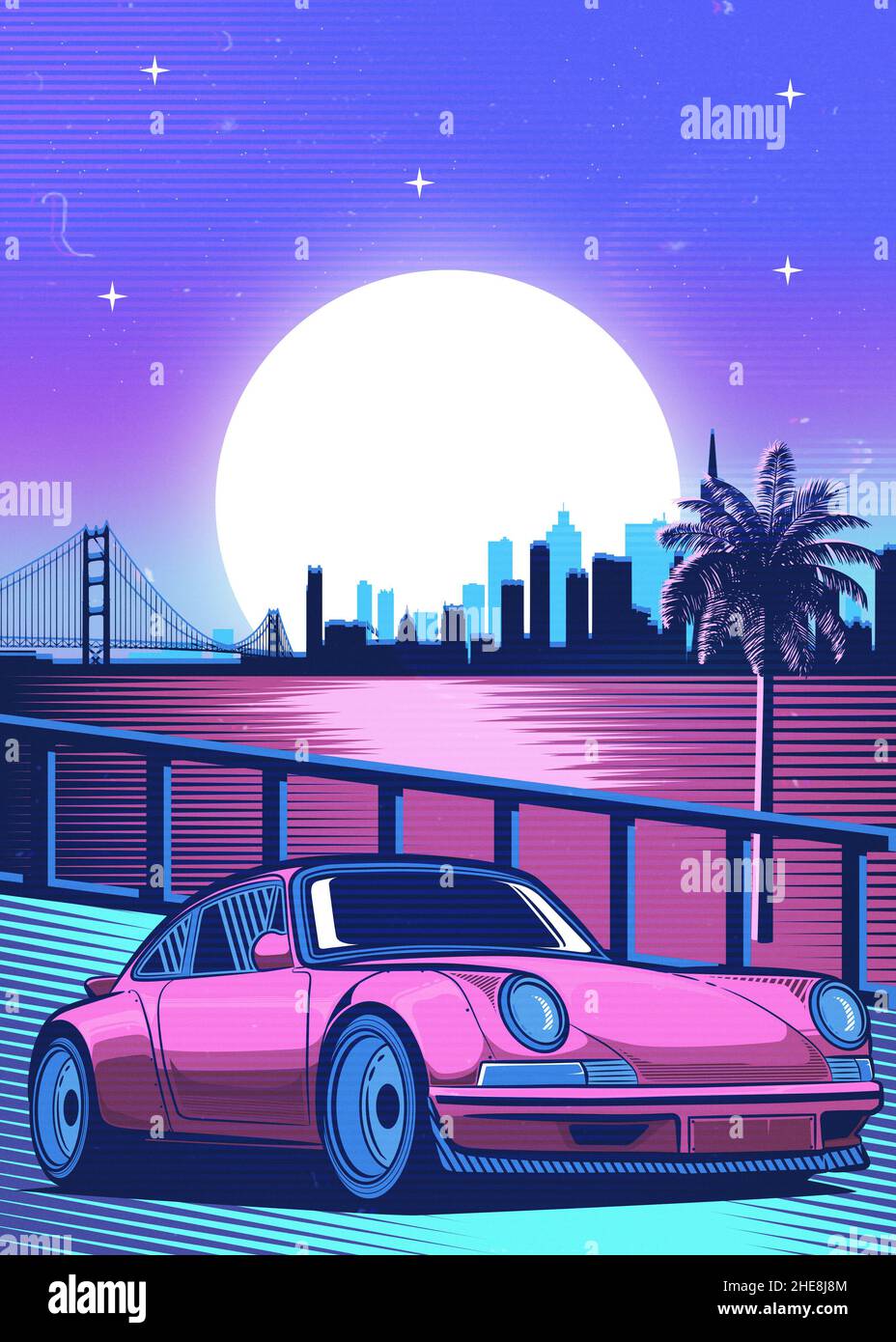 A retro red Car Synthwave Poster with vaporwave sunset, neon gradient ...