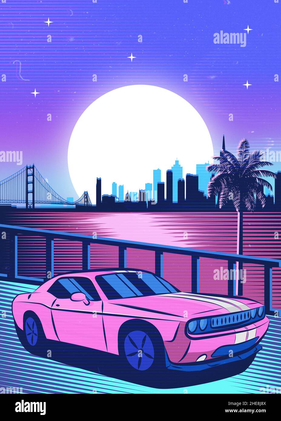 A retro red Car Synthwave Poster with vaporwave sunset, neon gradient ...